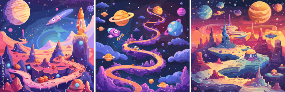 Space game map cartoon vector concepts. Rocket starship asteroids ...