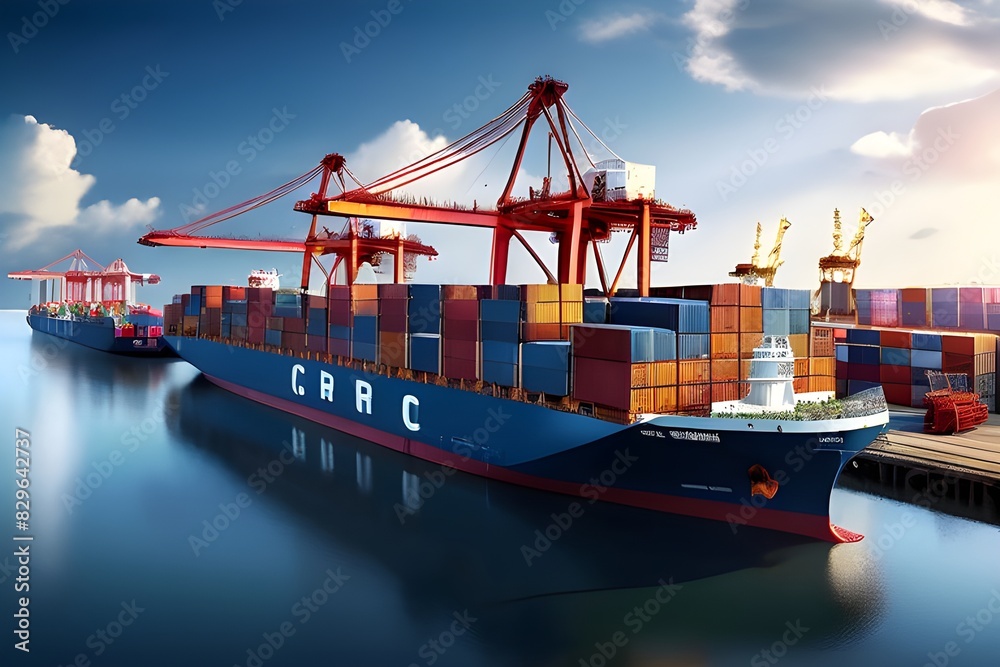 Container ship with quay crane transporting import-export container ...