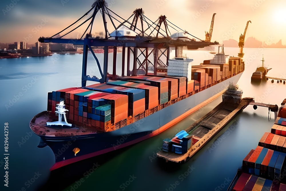 Container ship with quay crane transporting import-export container ...