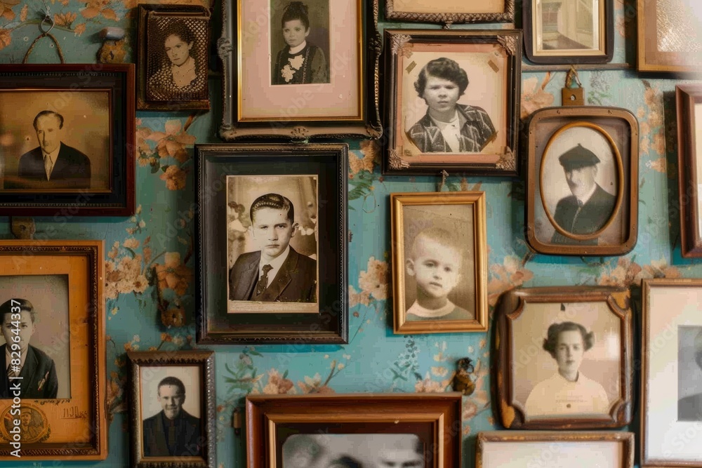 Numerous framed family photos create an abstract collage on a wall ...