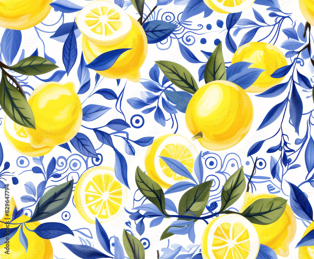 Seamless Pattern of Lemons with Santorini-Inspired Blue and White Tile ...