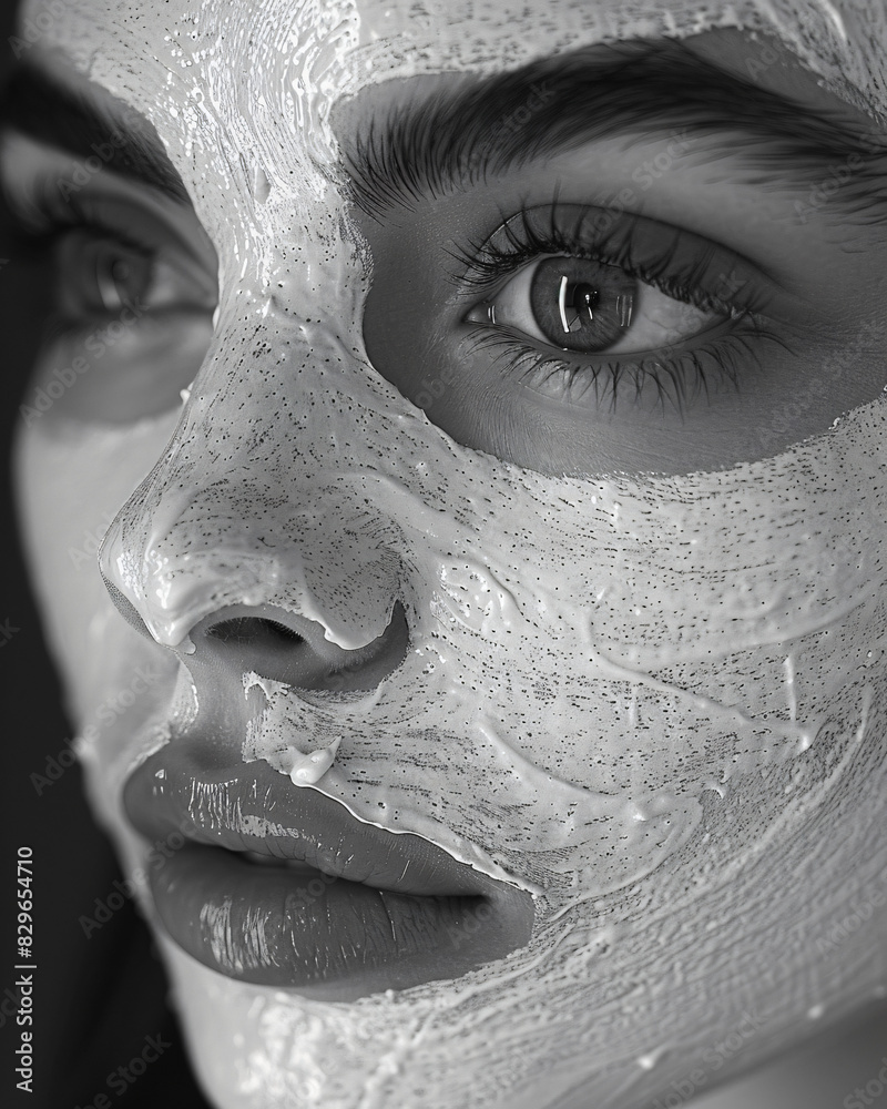 An English woman applies a white translucent face mask, the mask clings ...