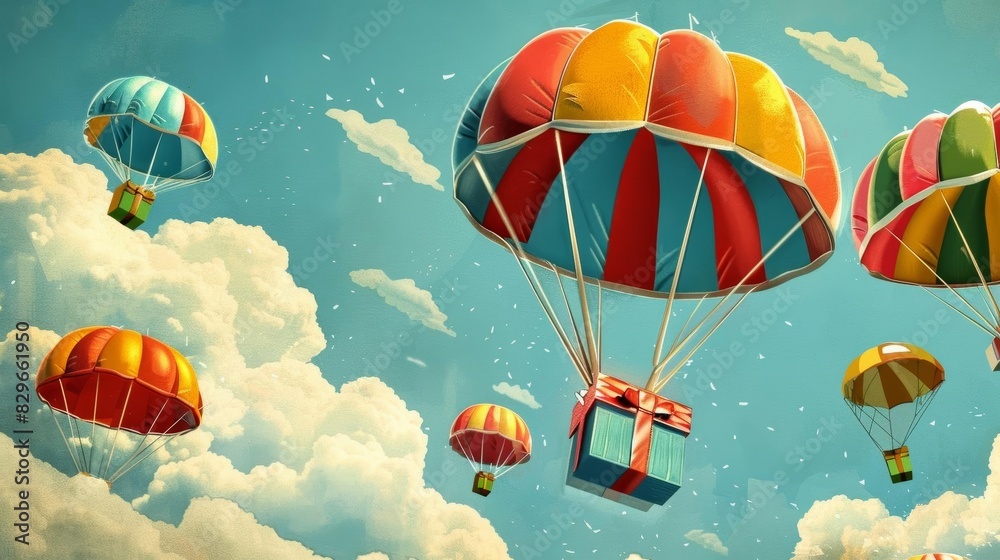 Illustrate a scene with multiple 3D parachutes carrying vibrant gift ...