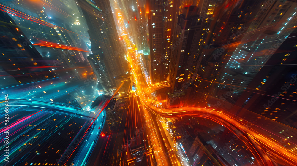 Blurred abstract futuristic night cityscape aerial view panorama with ...