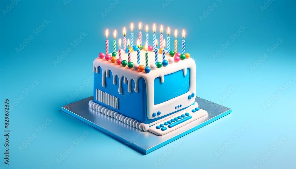 A vibrant birthday cake designed to look like a retro computer ...