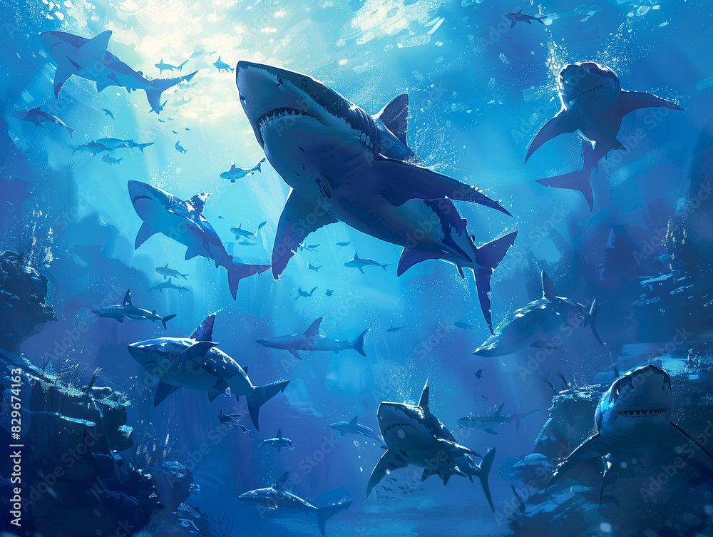 Fascinating underwater scene of a diverse group of sharks swimming ...