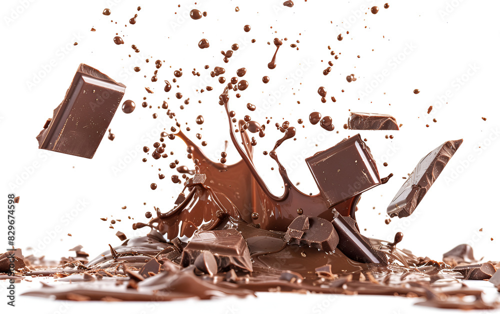 Delicious chocolate bar pieces falling into chocolate splashes, white ...