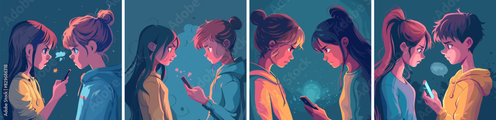 Media stalking cartoon vector concepts. Guys girls holding phones ...