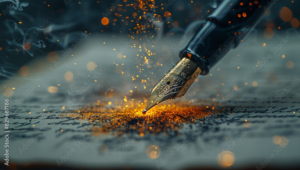 Flowing pen writing on paper, a closeup of the tip with black ink and ...