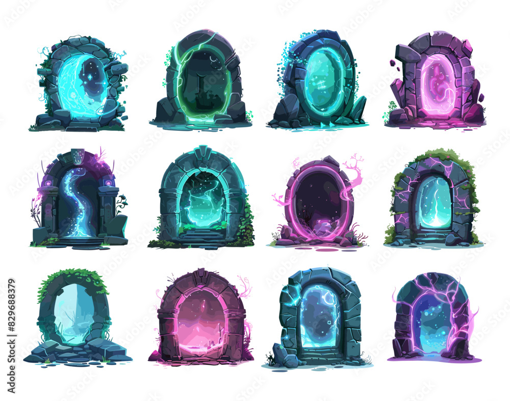 Portals cartoon vector set. Stone arches teleport lightning haze outer ...