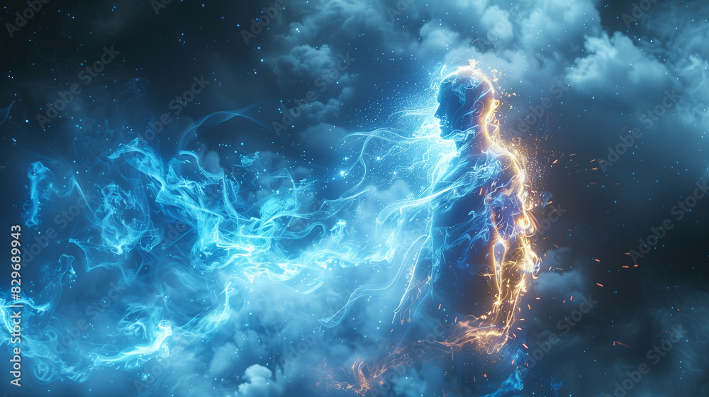 Character transforming from an ordinary person into a superhero, light ...