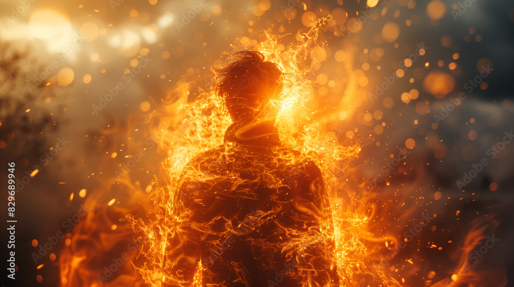 Character transforming from an ordinary person into a superhero, light ...