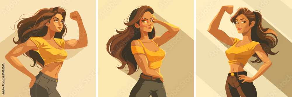 Strong woman cartoon vector concepts. Long hair t shirt showing biceps ...