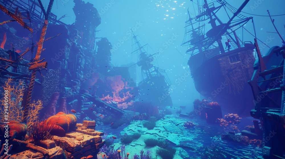 Exploration game: mesmerizing underwater world setting. Dive into deep ...