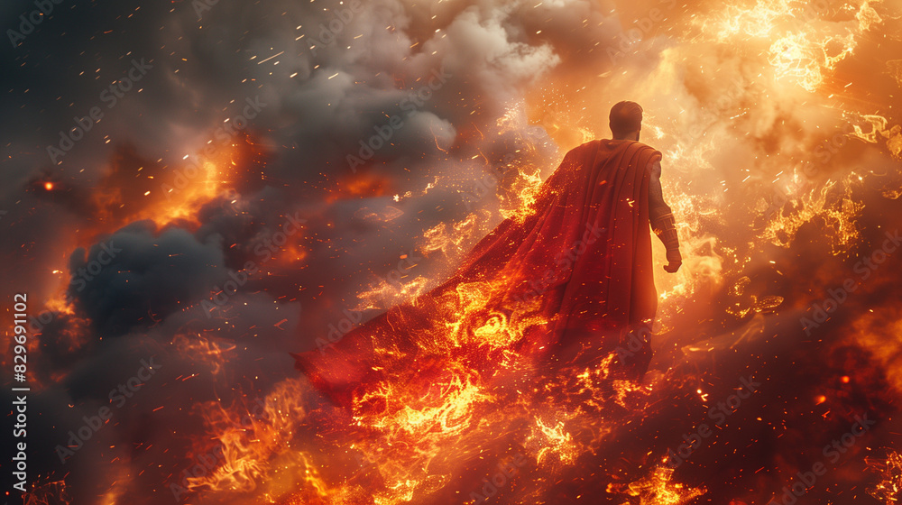Superhero in an epic pose with explosions and flames in the background ...