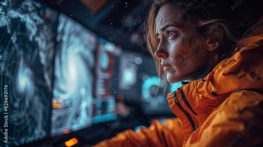 A team of meteorologists in a command center, analyzing tornado data and radar images. A ...