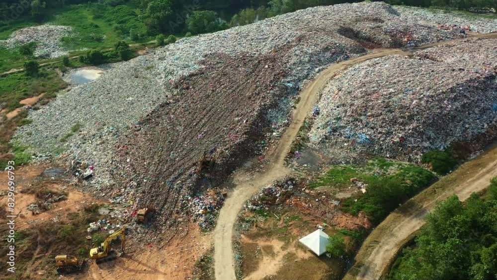 Drone flyover capturing abandoned sanitary landfill with large piles of ...