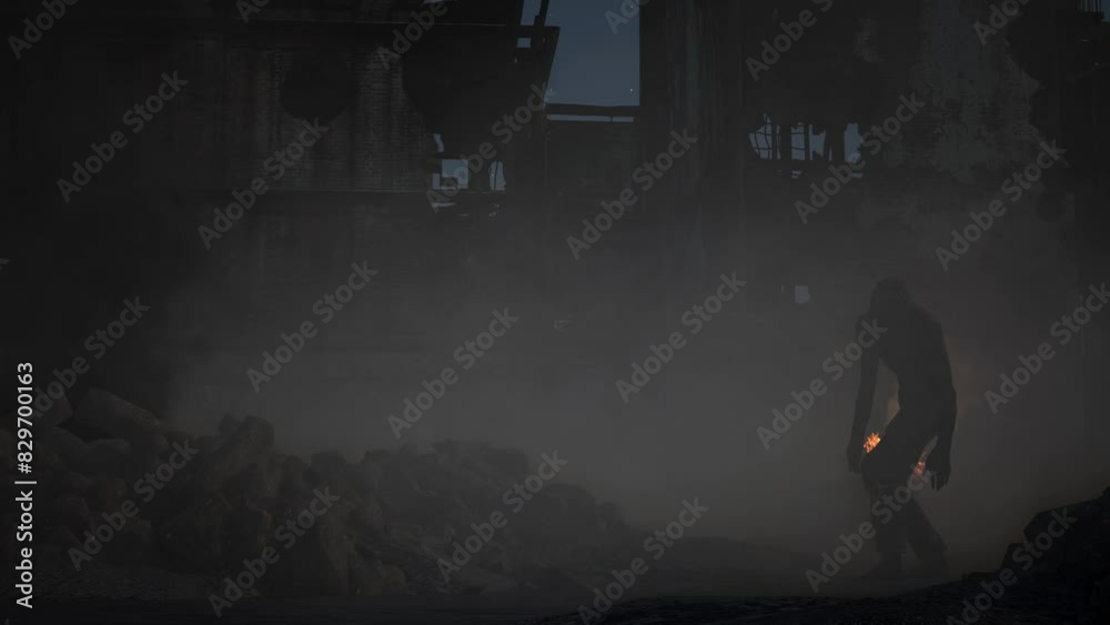 a dystopian destroyed ruined city on night, with debris, damaged cars ...