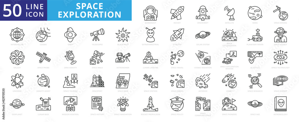 Space exploration icon set with astronaut, rocket, spacecraft ...