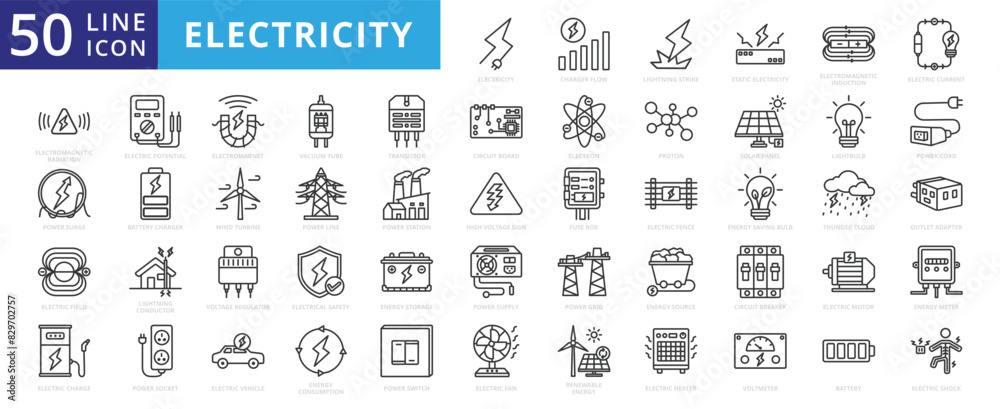 Electricity icon set with electromagnetic radiation, charger flow ...