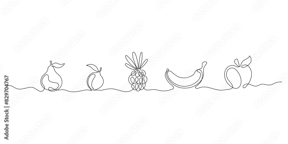 Line fruits on a white background. Continuous line echo pineapple ...