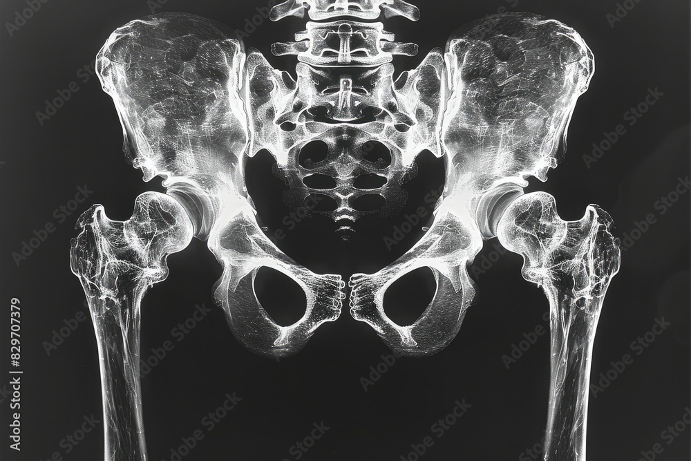 X-ray image of a human pelvis and hip bones showing detailed skeletal ...