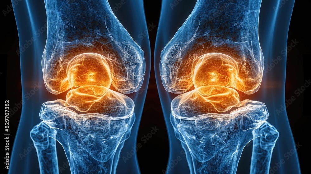 X-ray illustration showing the knee joint with highlighted inflammation ...