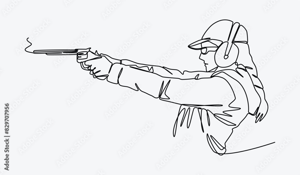 Continuous single line drawing of young girl holding a gun and ...