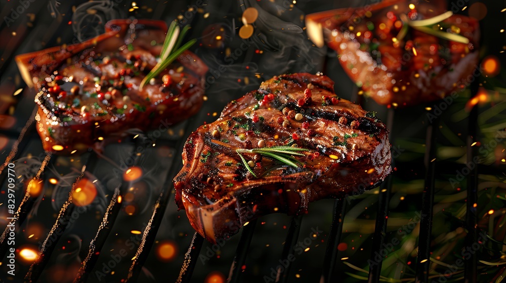 Grill Pork Chops Beef steaks, realistic 3d brisket flying in the air ...