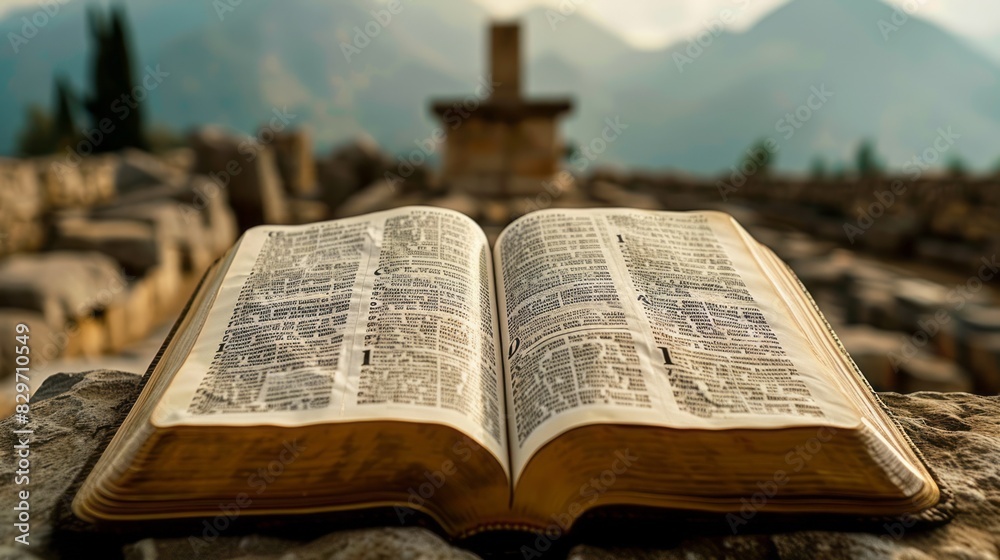 An Open Bible Sits On A Stone Slab With Ruins In The Background. Stock ...