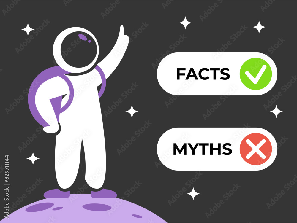 Facts versus myths. Myths facts icons with astronaut. Banners with true ...