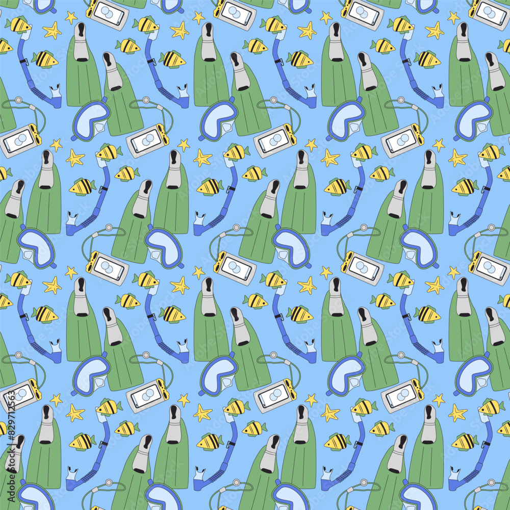 Diving seamless pattern. Snorkeling endless background. Scuba dive and ...