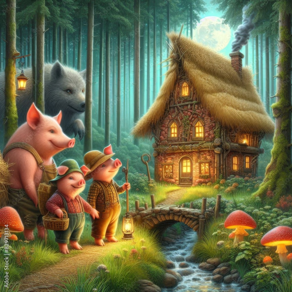 an illustration of the tale of the wolf and the three little pigs Stock ...