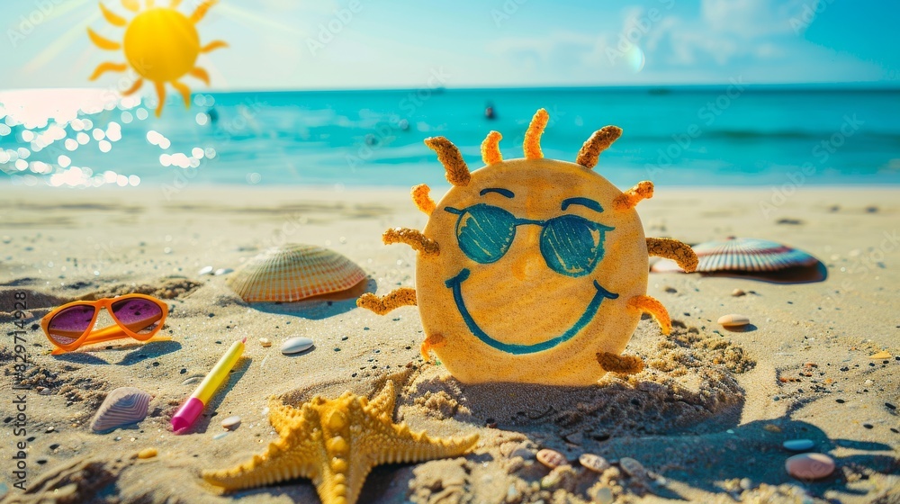 Smiling happy face sun illustration in the sandy shore. Tropical summer ...