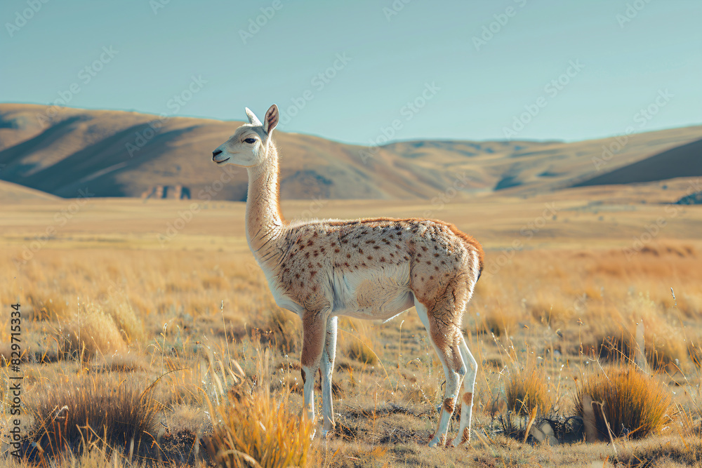 Vicuna standing in an open field with mountains in the background ...