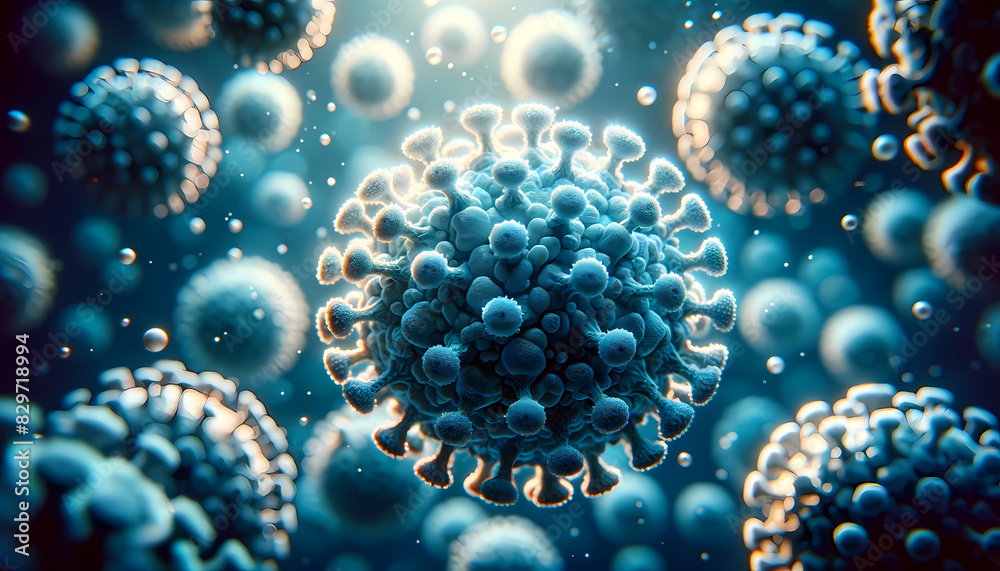 This image depicts a detailed microscopic view of viral particles ...