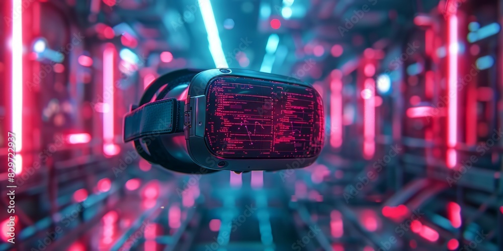 A virtual reality headset placed in a room illuminated with neon lights ...