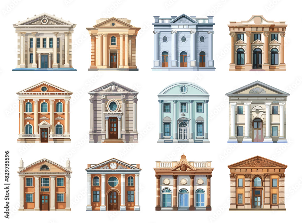 Cartoon Different Facades of the Banks Buildings Icons Set. Vector ...