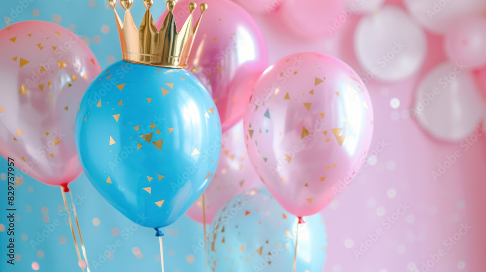 pink and blue party balloons with golden crowns for birthday ...