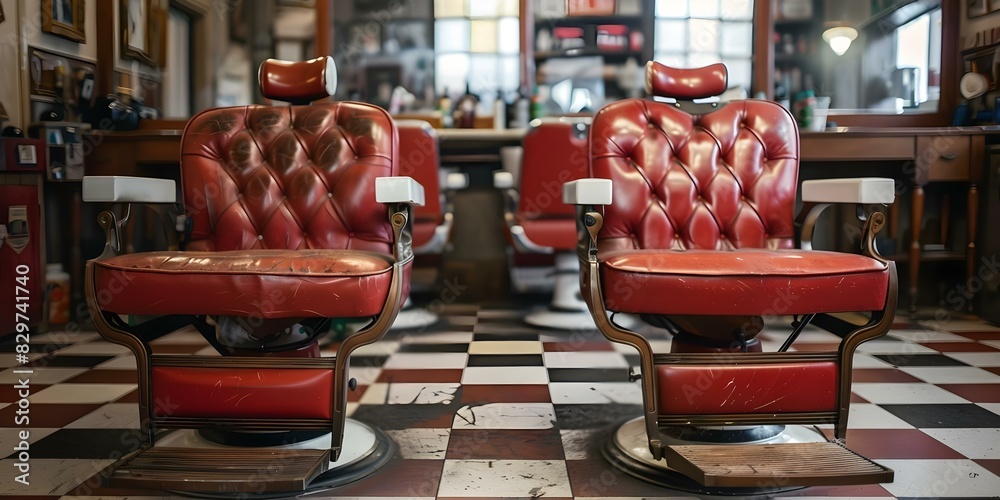 Red leather chairs and checkered floors define a retro barber shop ...