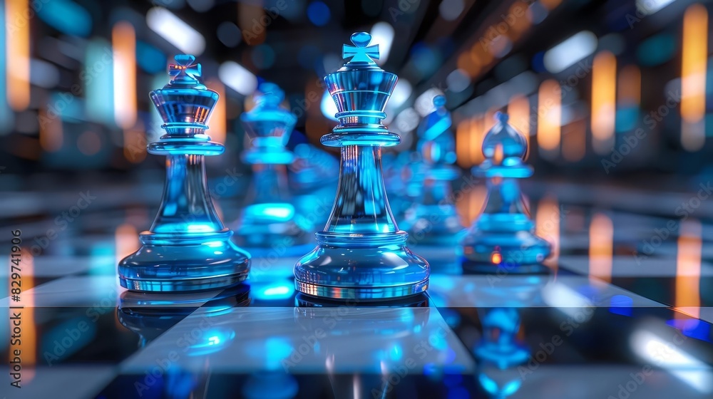 Futuristic chess board with glowing blue pieces, reflecting light in a ...