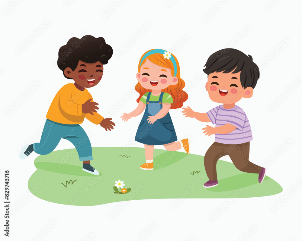 Smiling international kids playing and running. Cartoon character in ...