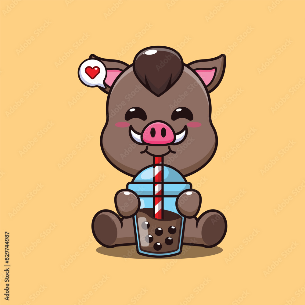 Poster boar drink boba milk tea cartoon vector illustration. – Wall Art ...