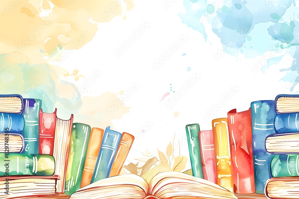 Cute cartoon book frame border on background in watercolor style. Stock ...