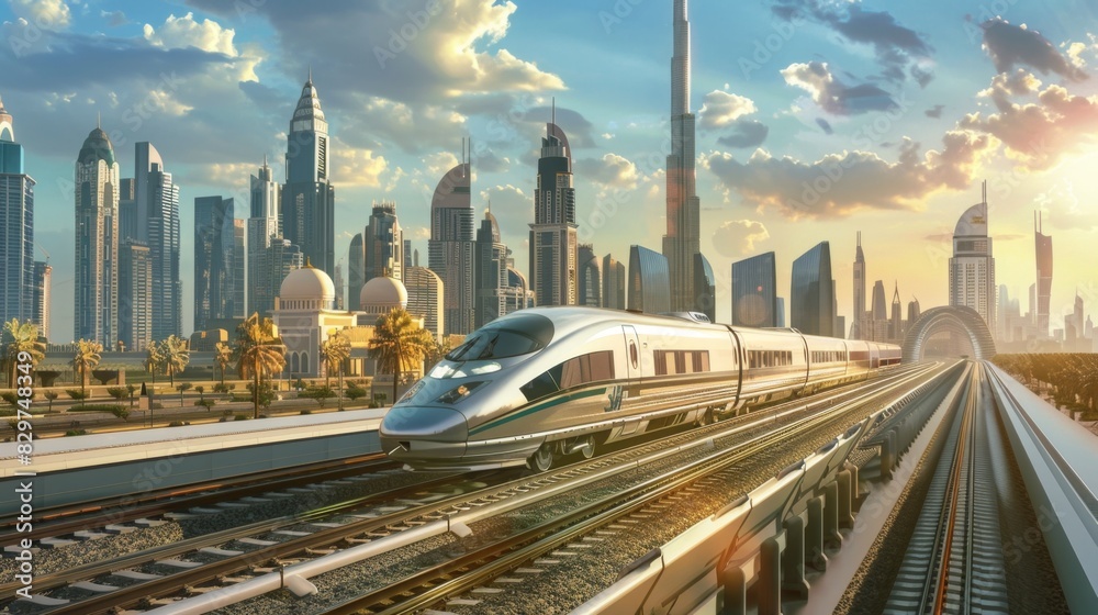 A high-speed train zipping past iconic landmarks and skyscrapers in a ...
