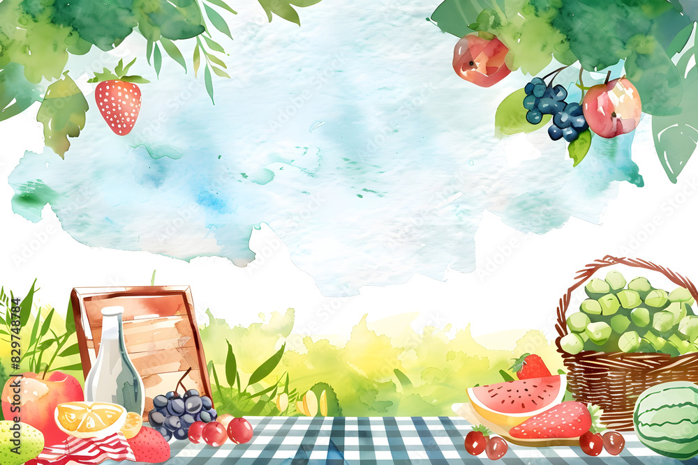 Cute cartoon picnic frame border on background in watercolor style ...
