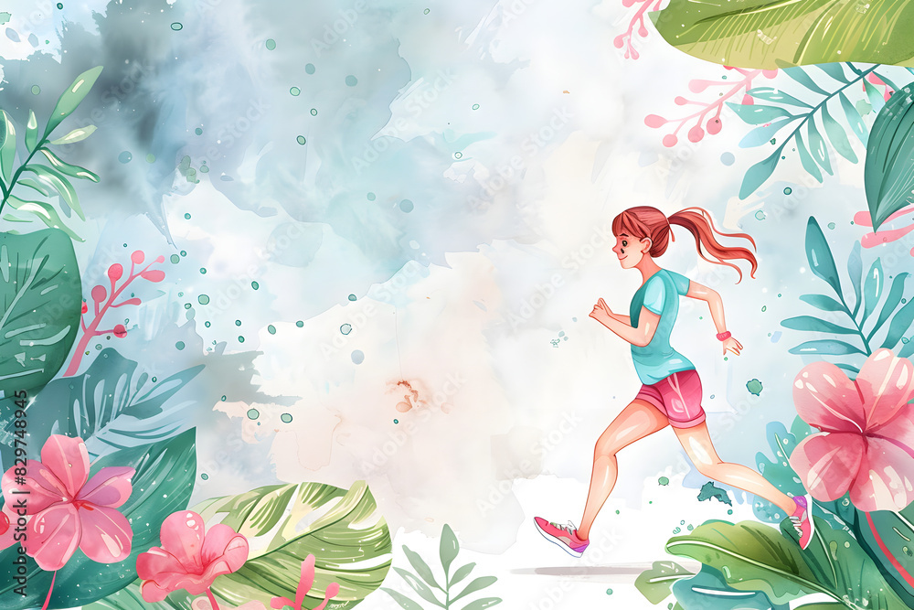 Cute cartoon woman running frame border on background in watercolor ...