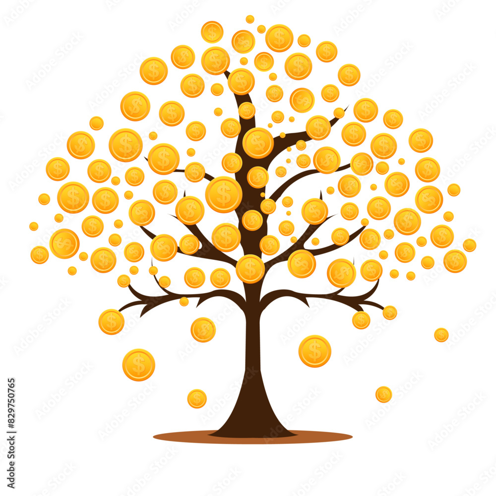 Money tree concept, realistic dollor gold coins flat style vector ...