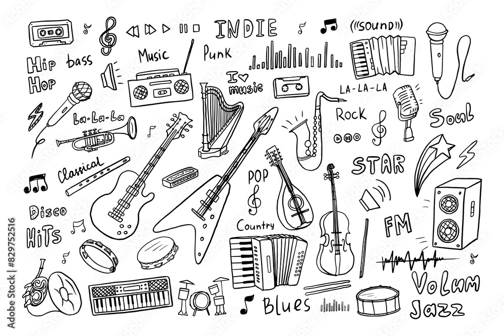 Set of music instruments in doodle style. Violin, harp, banjo, guitar ...