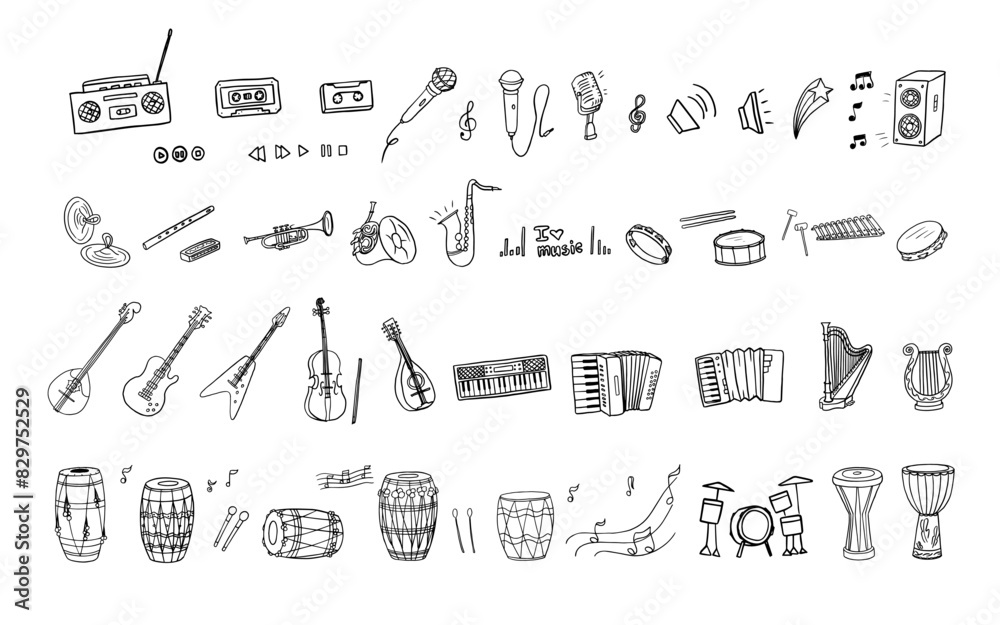 Big set of music instruments. Violin, harp, banjo, guitar electric ...